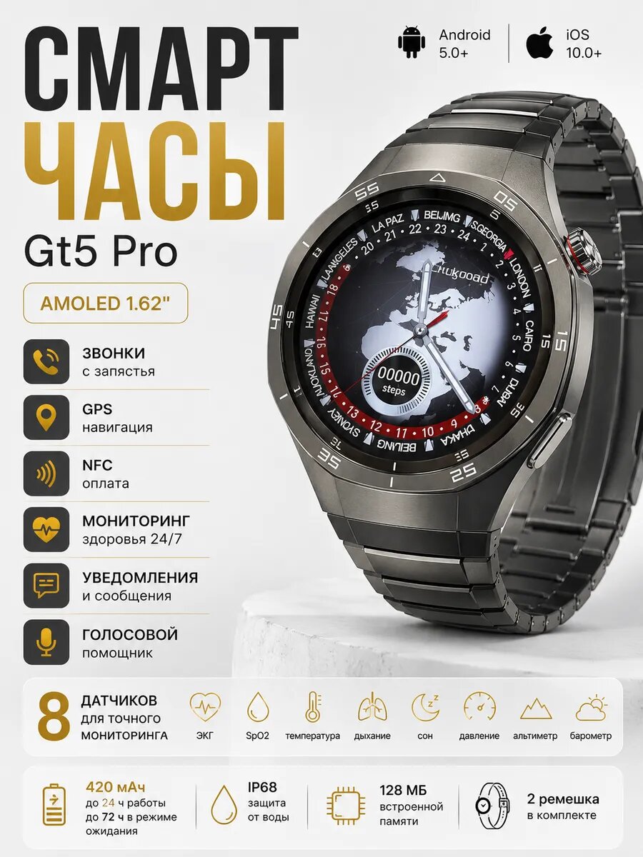 Смарт-часы, AMOLED-экран 1,62", ЭКГ, GPS, NFC, Bluetooth 5,0, черный, силикон