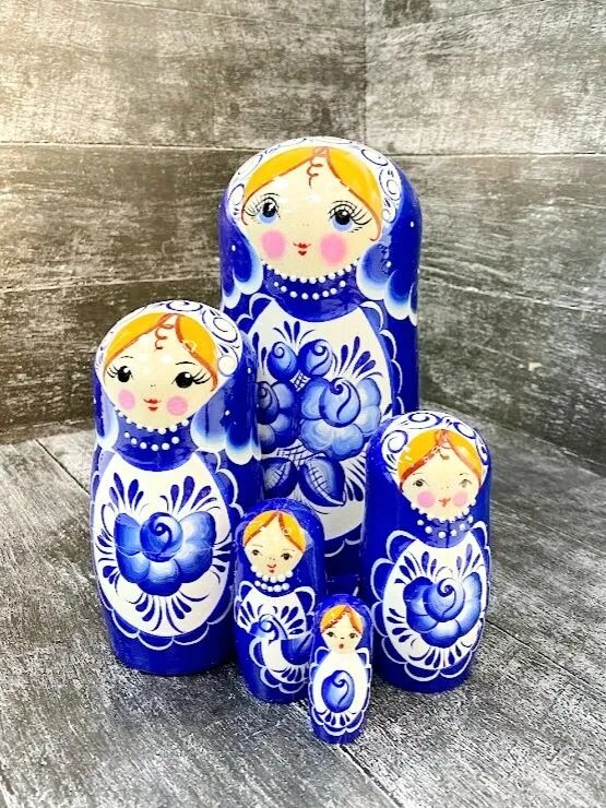 Матрешка Гжель 5 кукол (синяя)