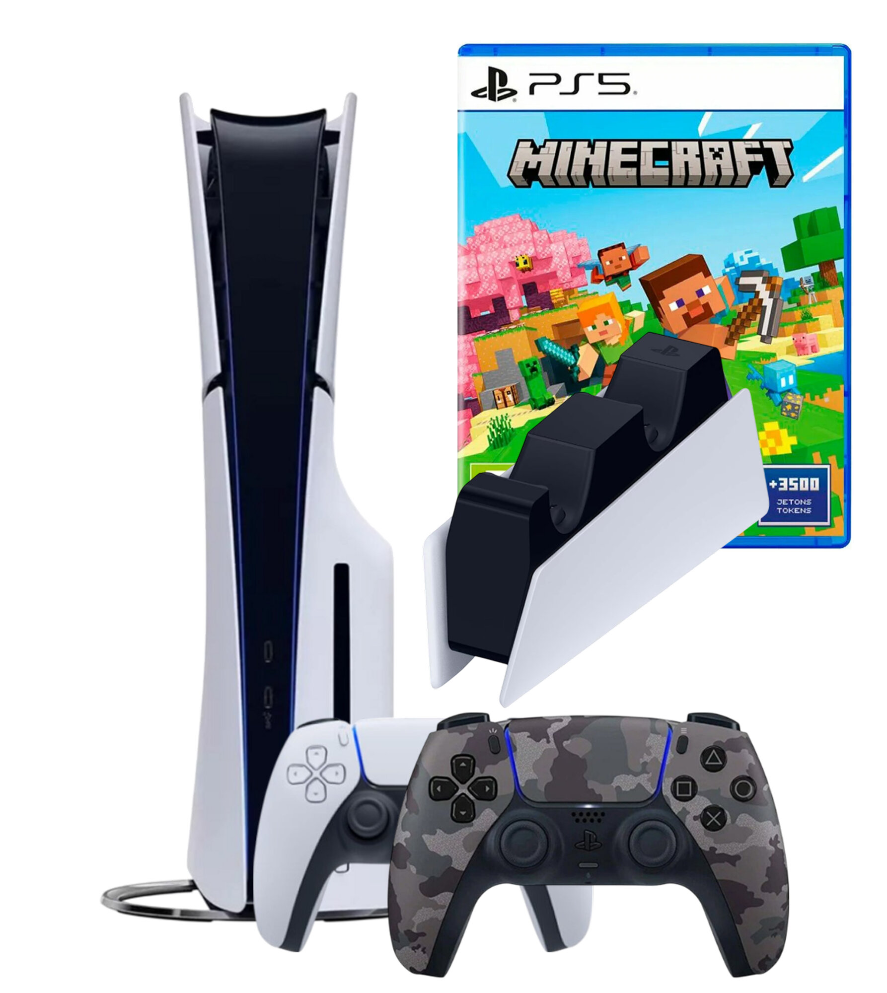 Игровая приставка Sony PS5 Slim + 2й геймпад камуфляж + игра Minecraft + станция зарядки