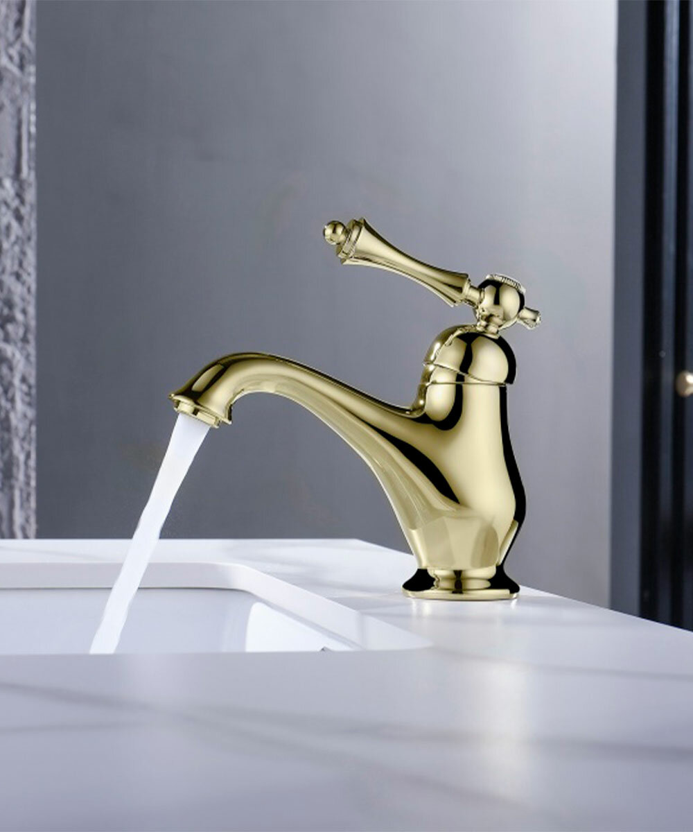 Смеситель для раковины от бренда Ganzer из латуни GZ77111-E золото с фиксированным изливом