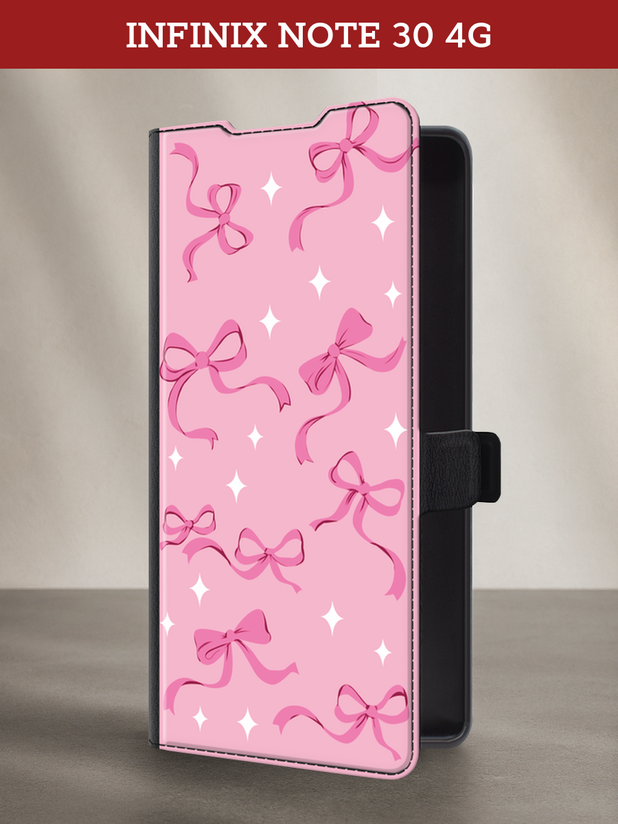 Чехол-книжка на Infinix Note 30 4G / Инфиникс Ноте 30 4G с принтом Розовые бантики, черный