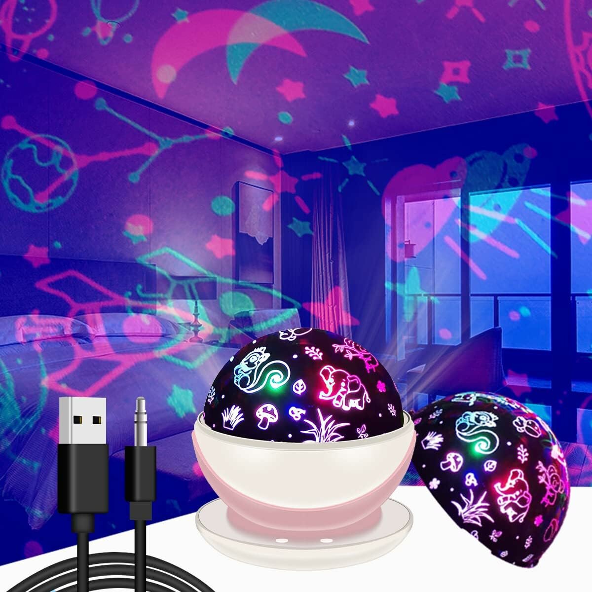Светодиодный проектор звездного неба с вращением на 360°, проектор звездного неба, работающий от USB, с разноцветным светом, проектор неба, работающий от батареек, лампа-туманность для детской и взрослой комнаты (розовый) (1 шт.)