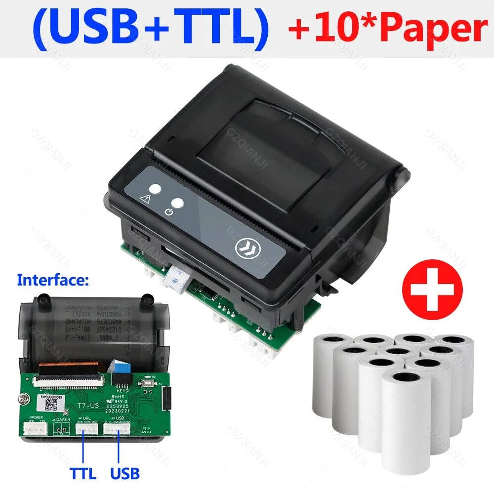 Термопринтер чеков GZQIANJI Thermal Printer, USB TTL 10Rolls