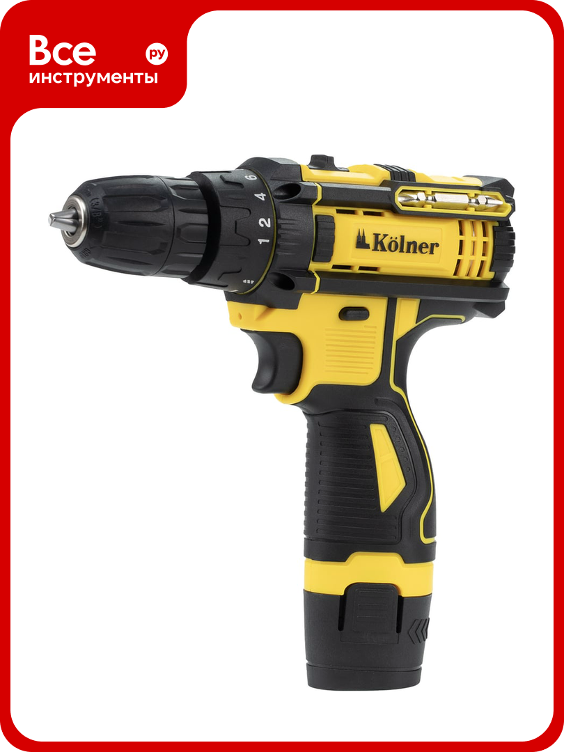 Дрель-шуруповерт аккумуляторная Kolner 12В, 29 Нм, KCDC, БЗП 0,8-10 мм,/1350 об/мин, 2 скорости, подсветка