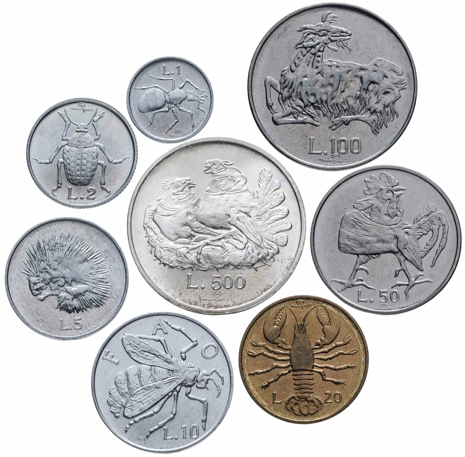 Сан-Марино, Годовой набор из 8 монет 1974, алюминий, сталь, бронза, серебро, в сохранности UNC