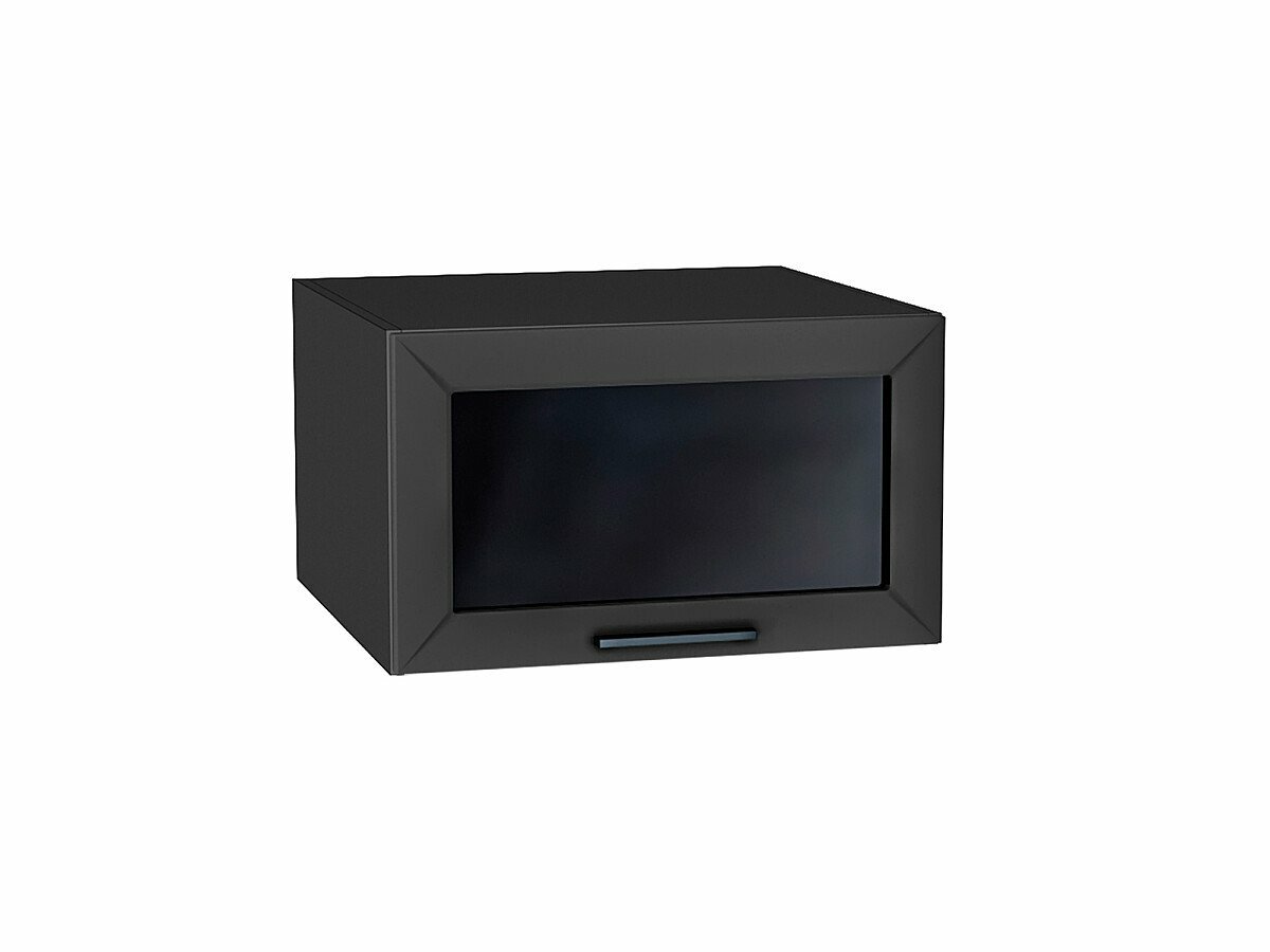 Шкаф верхний горизонтальный остекленный глубокий Глетчер, цвет фасада Маренго Силк, цвет каркаса Graphite, стекло Lacobel «Black», 358*600*574 мм