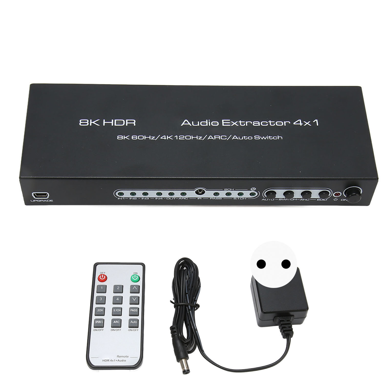 HDMI Switch 4x1 с извлечением звука (Sound Extractor), поддержка 8K 60Hz, 4K 120Hz, ARC, авто переключение, блок питания 100-240V EU Plug