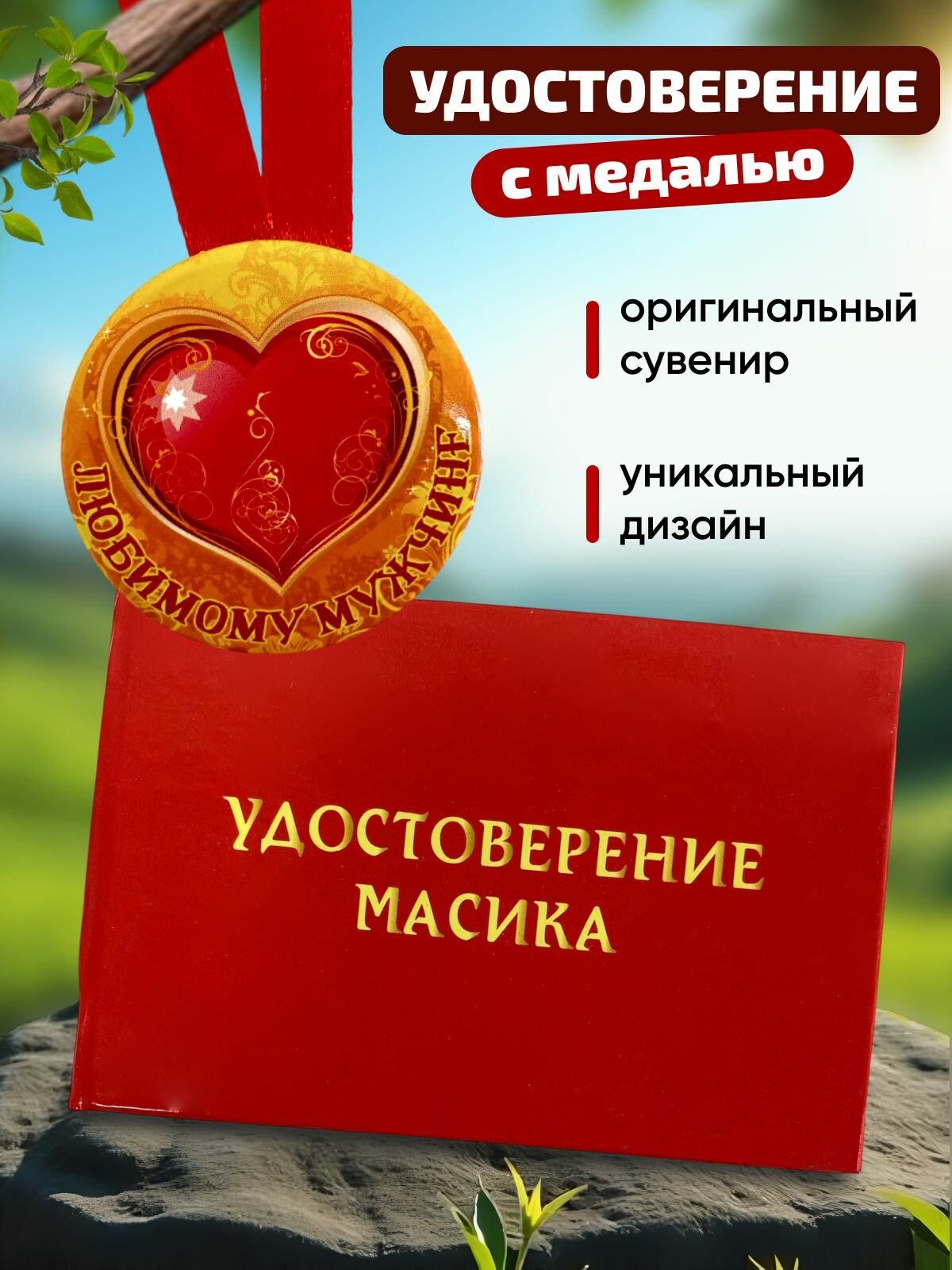 Прикольный набор Удостоверение шуточное "Масика" + Медаль "За заслуги перед любимым", подарок другу, мужу, парню