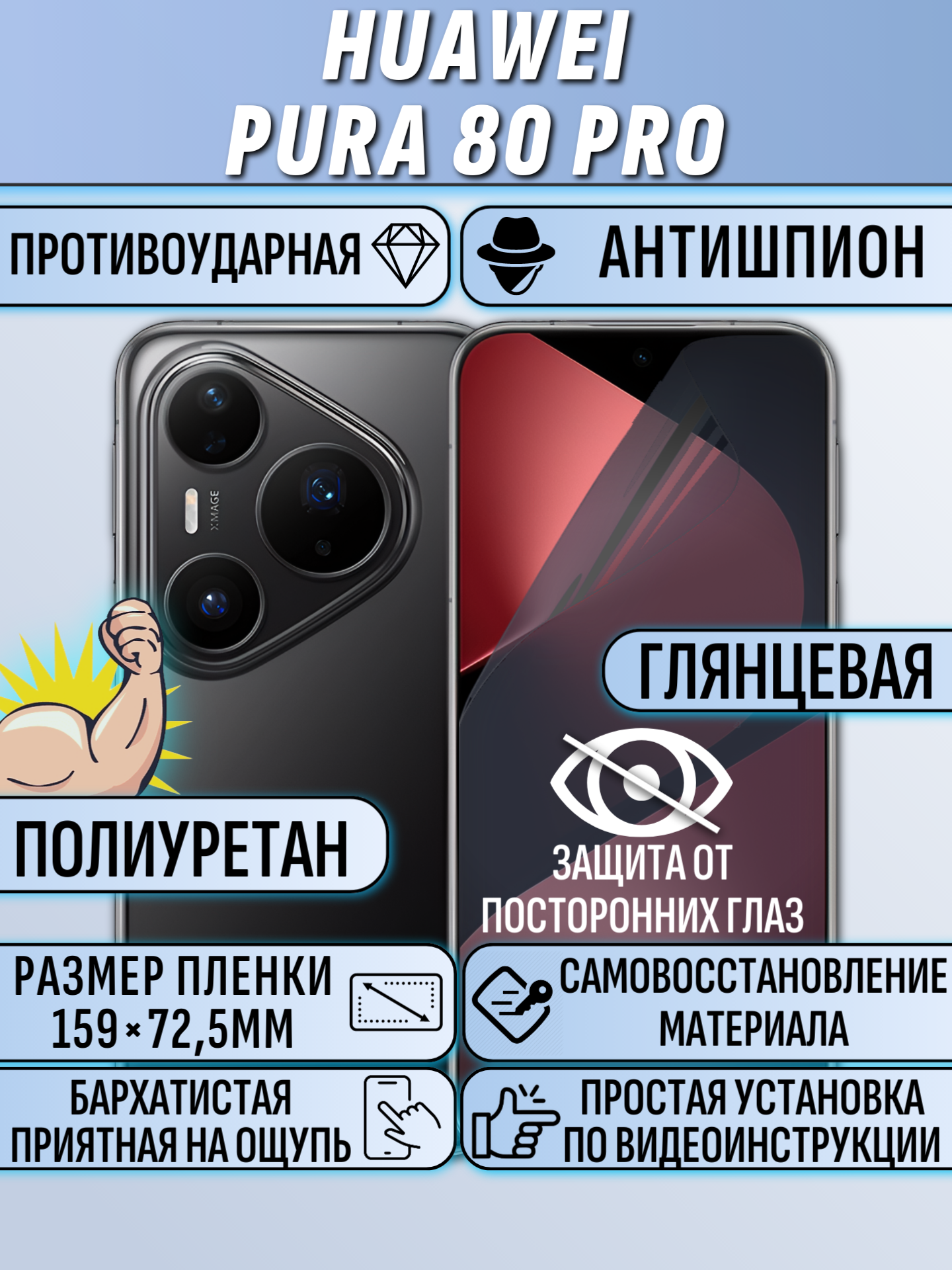 Гидрогелевая пленка Huawei Pura 80 Pro антишпион / Глянцевое покрытие