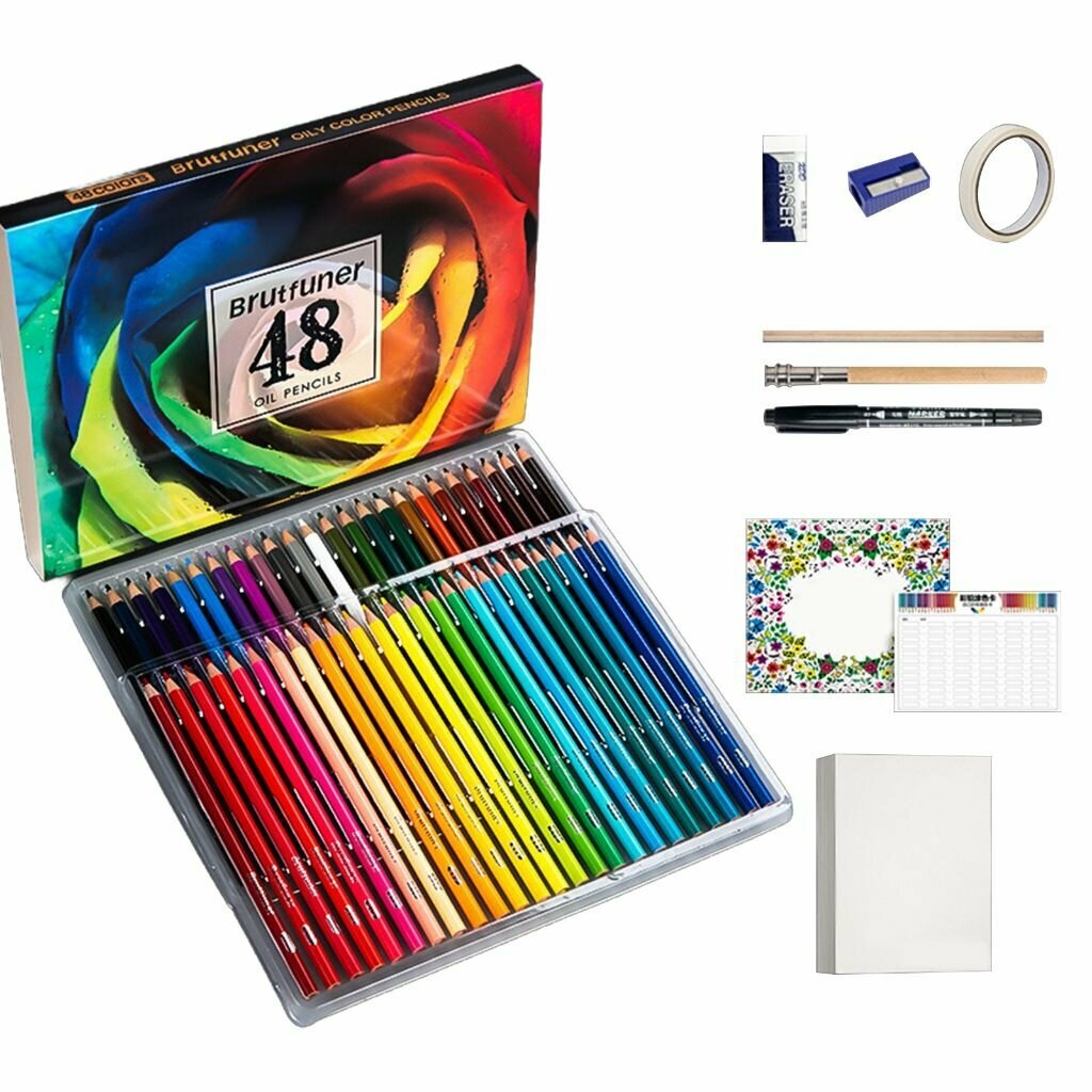 Карандаш, Цветные карандаши для рисования - масляные с подарком 9 предметов - 48 цветов, 1 комплект