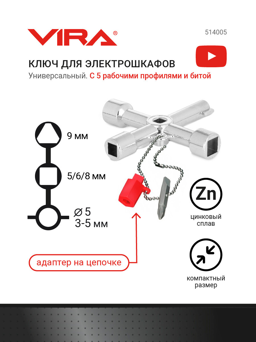 Ключ для электрошкафов с 5 рабочими профилями и битой VIRA