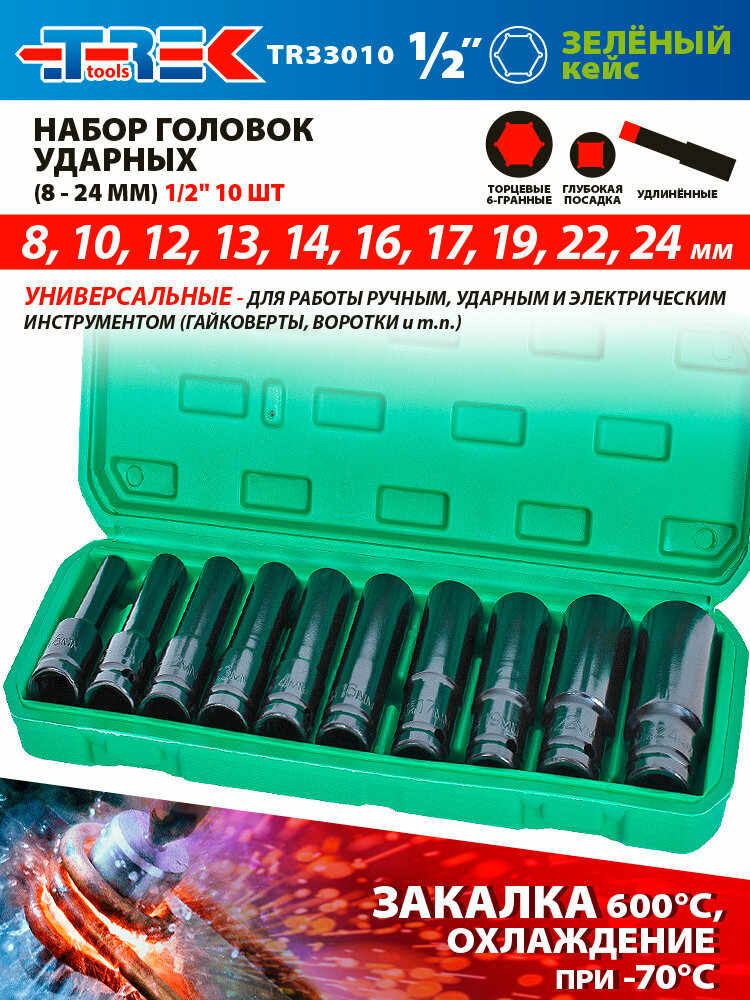 Набор головок ударных 10 шт (8 - 24 мм) 1/2", зелёный кейс TREK, TR33010