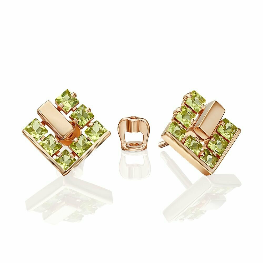 Серьги пусеты, красное золото, 585 проба, хризолит