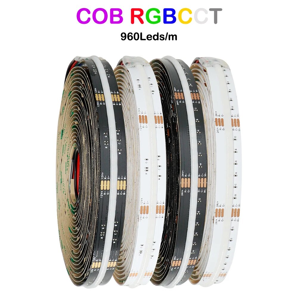 RGB CCT Светодиодная лента COB 12/24В 960LEDs/m 18Вт DC24V, White PCB, 3 м