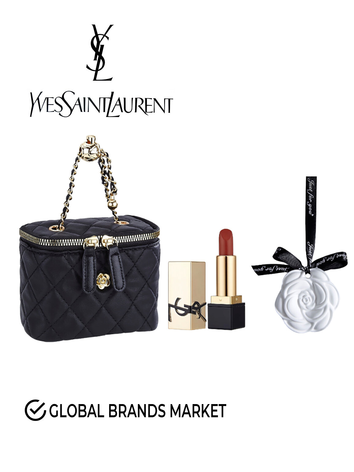 Подарочный набор: Помада YSL Rouge Pur Couture Satin Lipstick - NM Nu Muse, арома кулон "White Camellia", сумка