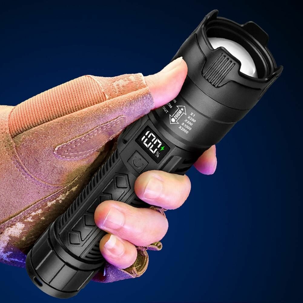 Многофункциональный фонарик с цифровым дисплеем, телескопический, водонепроницаемый, с зумом