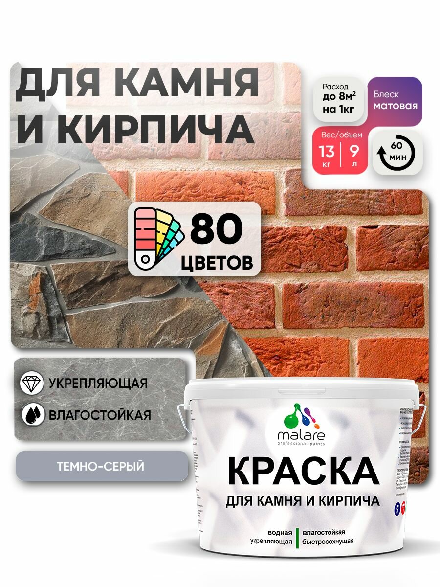 Краска Malare для камня и кирпича, по бетону и штукатурке, для минеральных поверхностей, без запаха, матовая, темно-серый, (9л - 13кг).