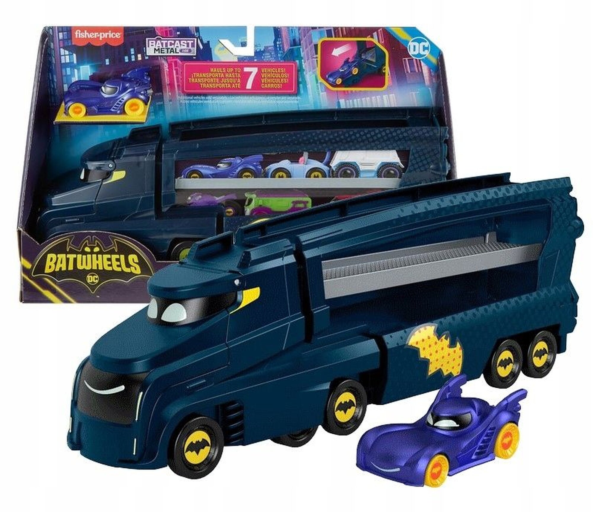 Игрушечный транспорт Fisher-Price DC Batwheels - Автовоз транспортер Big Rig + Бэтмобиль - Фишер Прайс HMX07