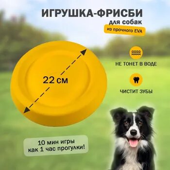 Игрушка для собак мелких, средних, крупных, пород, щенков, летающая тарелка, диск, фрисби желтая из EVA материала диаметром 22см