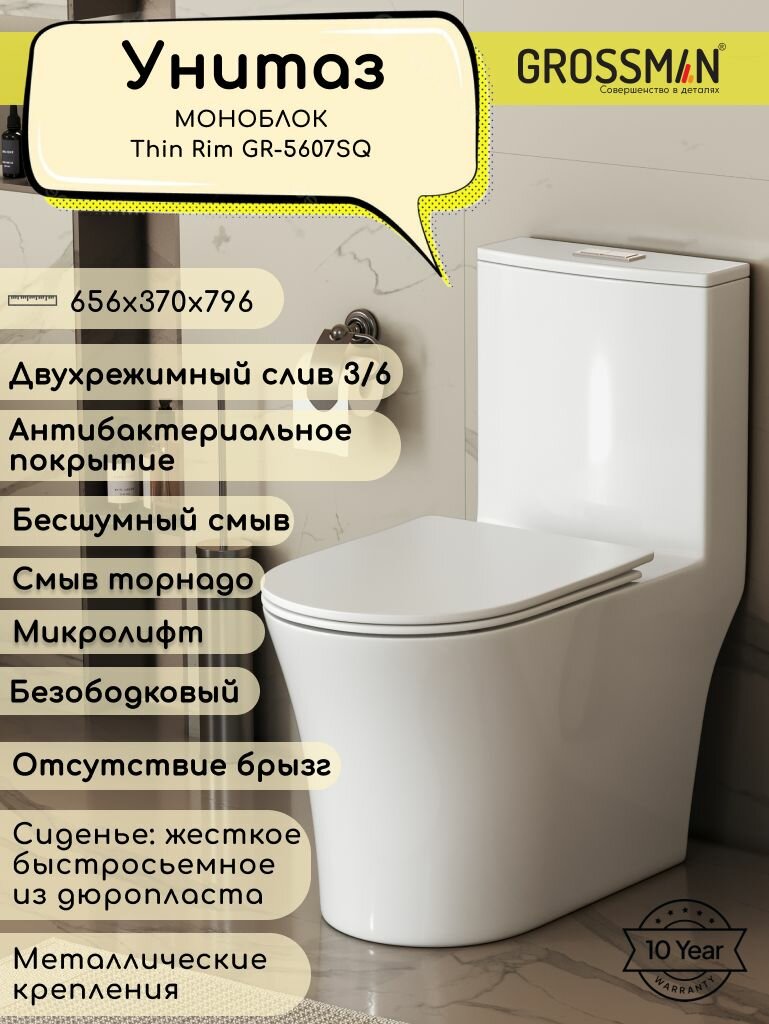 Унитаз напольный Grossman Thin Rim GR-5607SQ (656х370х796) тонкий ободок, белый с тонкой крышкой, микролифт, смыв торнадо, 1 место