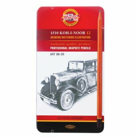 Карандаши чернографитные KOH-I-NOOR, набор 12 шт, "Art", 8В-2H, без резинки, металлическая коробка