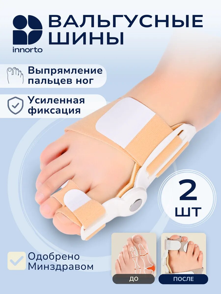 INNORTO Вальгусная шина от косточки на ноге улучшенная с фиксацией второго пальца, 1 пара. 40900