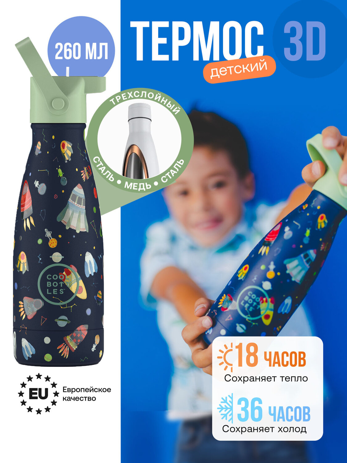 Термос–термобутылка Cool Bottles Kids серия Adventure Space Rockets 260мл CBBK26SR