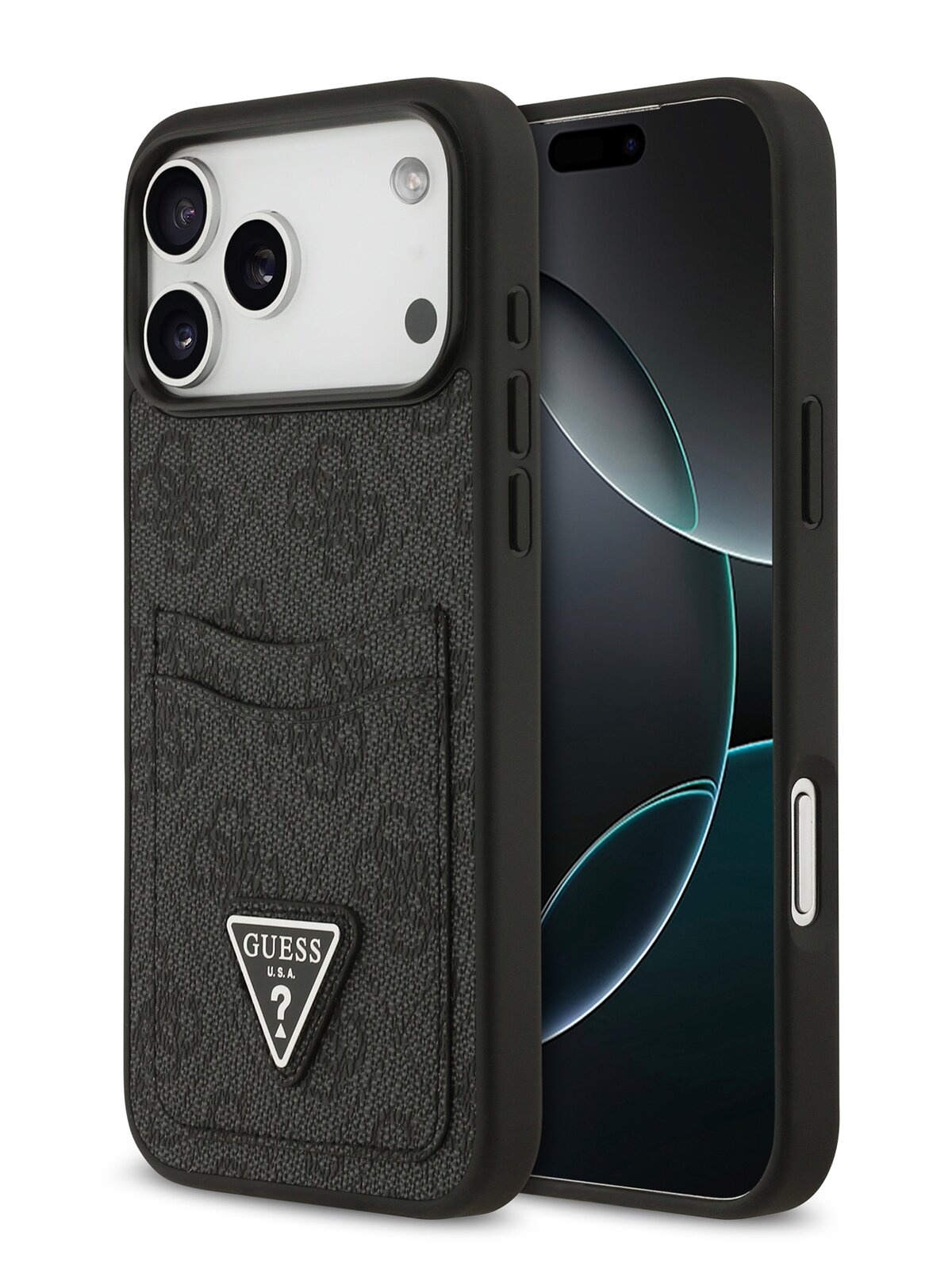 Guess чехол с карманом для карт на iPhone 17 Pro Max, PU кожа с принтом 4G, черный