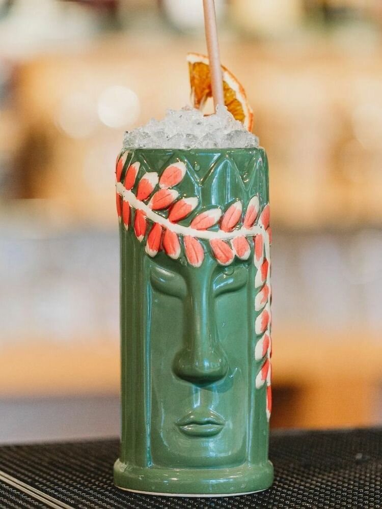 Коктейльный, барный бокал, стакан зелёный "Тики, красные листья" керамика, 500 мл. Для вечеринки, праздника.