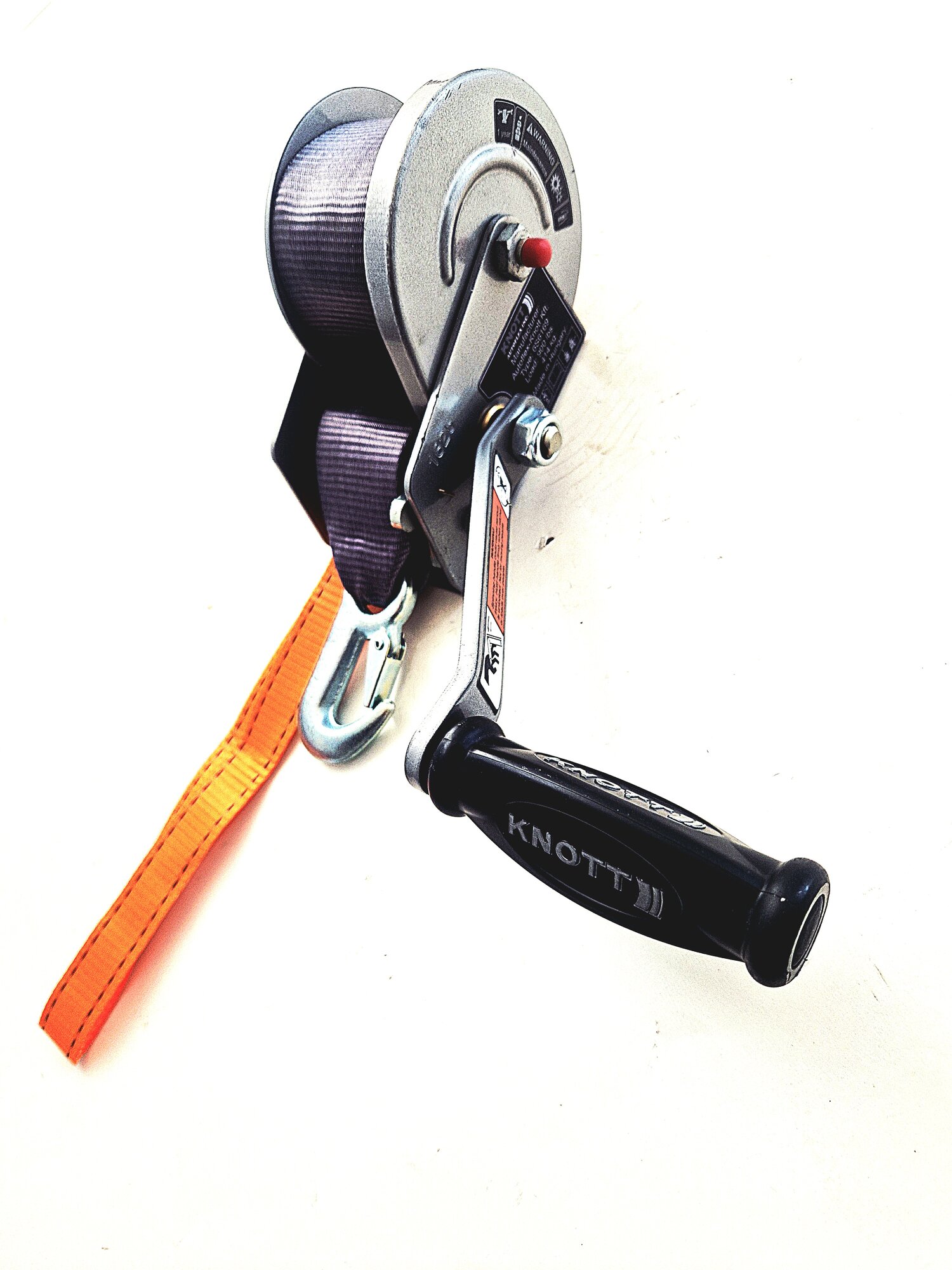 Лебедка ручная KNOTT 414 кг с фалом 6 м с крюком и страховочной лентой , для лодочного прицепа