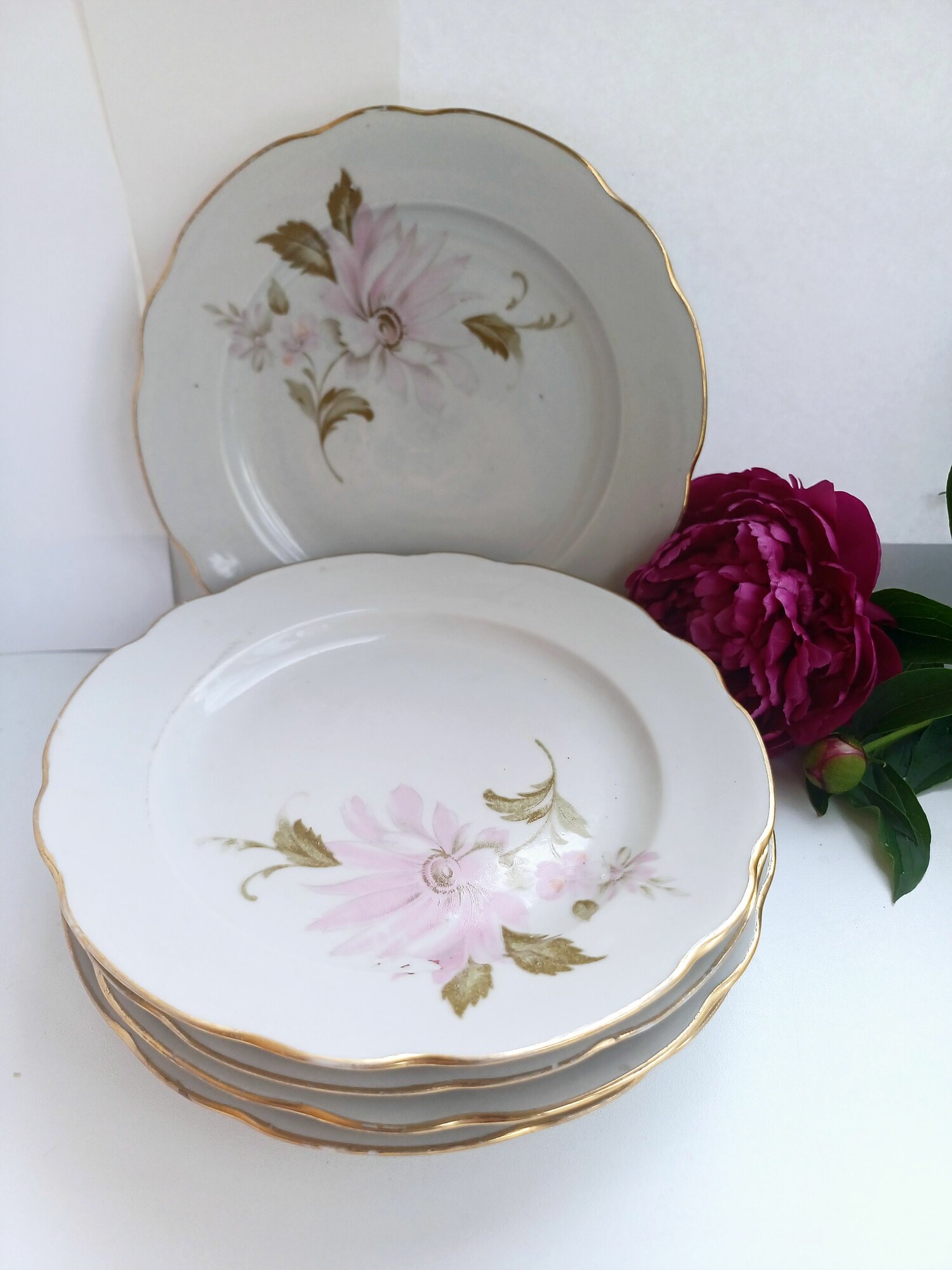 Набор плоских десертных тарелок Хризантемы винтажный, фарфор, Дулево СССР