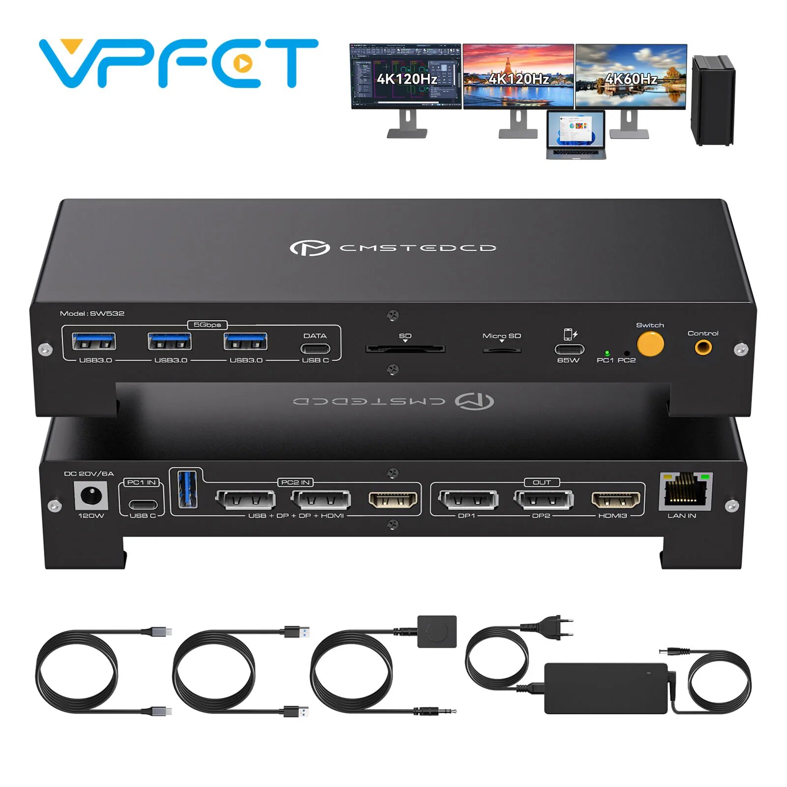 Док-станция KVM 3 монитора 2 компьютера EU Plug