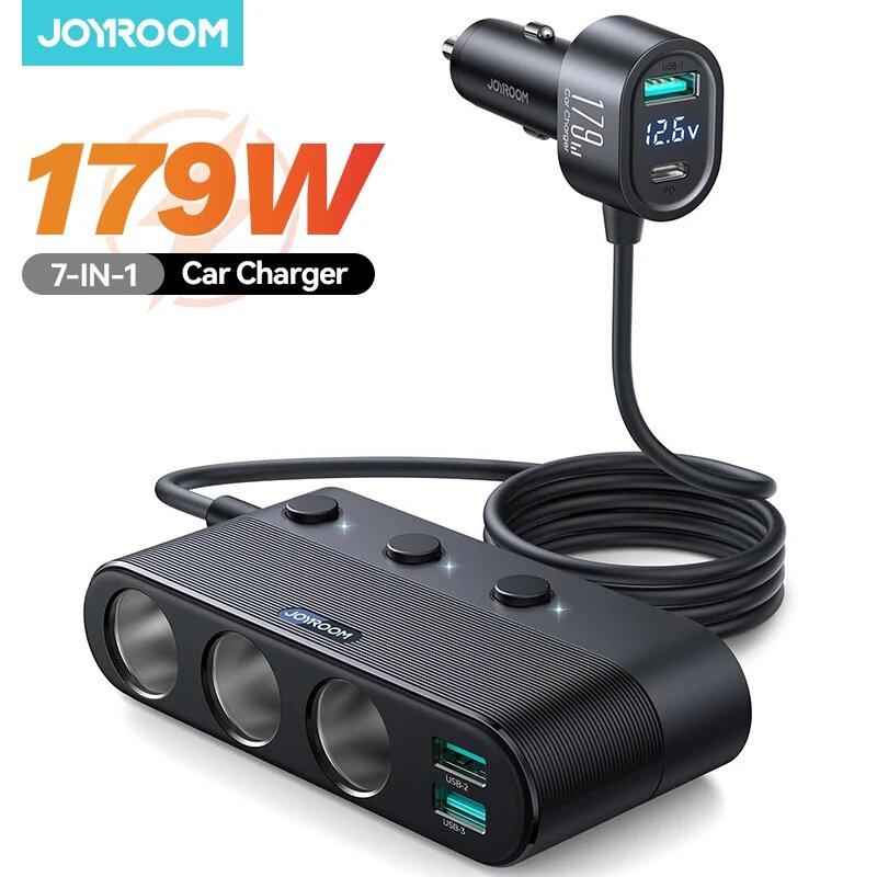 Joyroom 179 Вт 7 в 1, адаптер для автомобильного зарядного устройства, быстрая розетка PD QC3.0, разветвитель прикуривателя, независимые переключатели заряда, розетка постоянного тока, Черный, 179W Car Charger