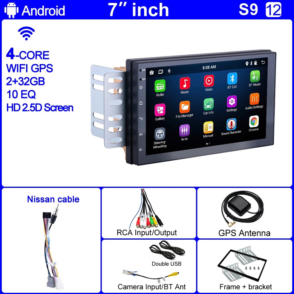 2 Din Android 12 Автомагнитола Carplay gsp dvd Автомагнитола мультимедийные видеоплееры для Nissan VW TOYOTA Honda KIA Hyundai mazda Ford, 7 S9(2-32GB)NISSAN