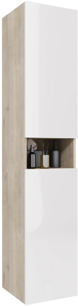 Шкаф-пенал для ванной Dreja Perfecto 35 L/R подвесной, напольный, 34, 7 см, белый, светлое дерево, глянцевый, шкаф пенал с полками, с дверками, из МДФ, фурнитура хром