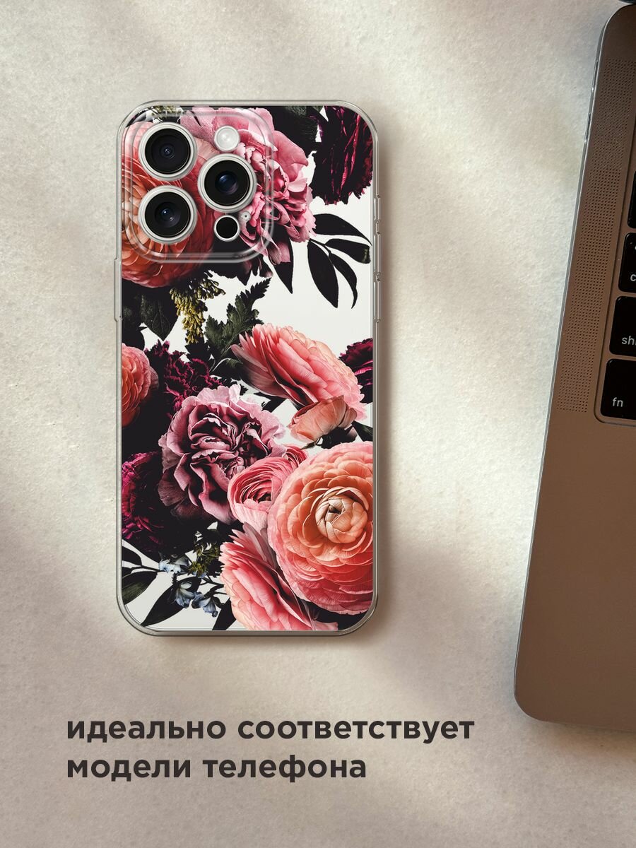 Чехол на Apple iPhone 15 Pro Max / Айфон 15 Про Макс с принтом "Бордовые винтажные цветы", прозрачный — фото 1