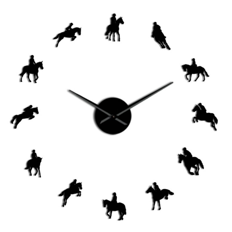 Настенные часы DIY Современные спортивные скачки Акриловая зеркальная поверхность Часы Верховая езда Творческое шоу Домашний декор-черный