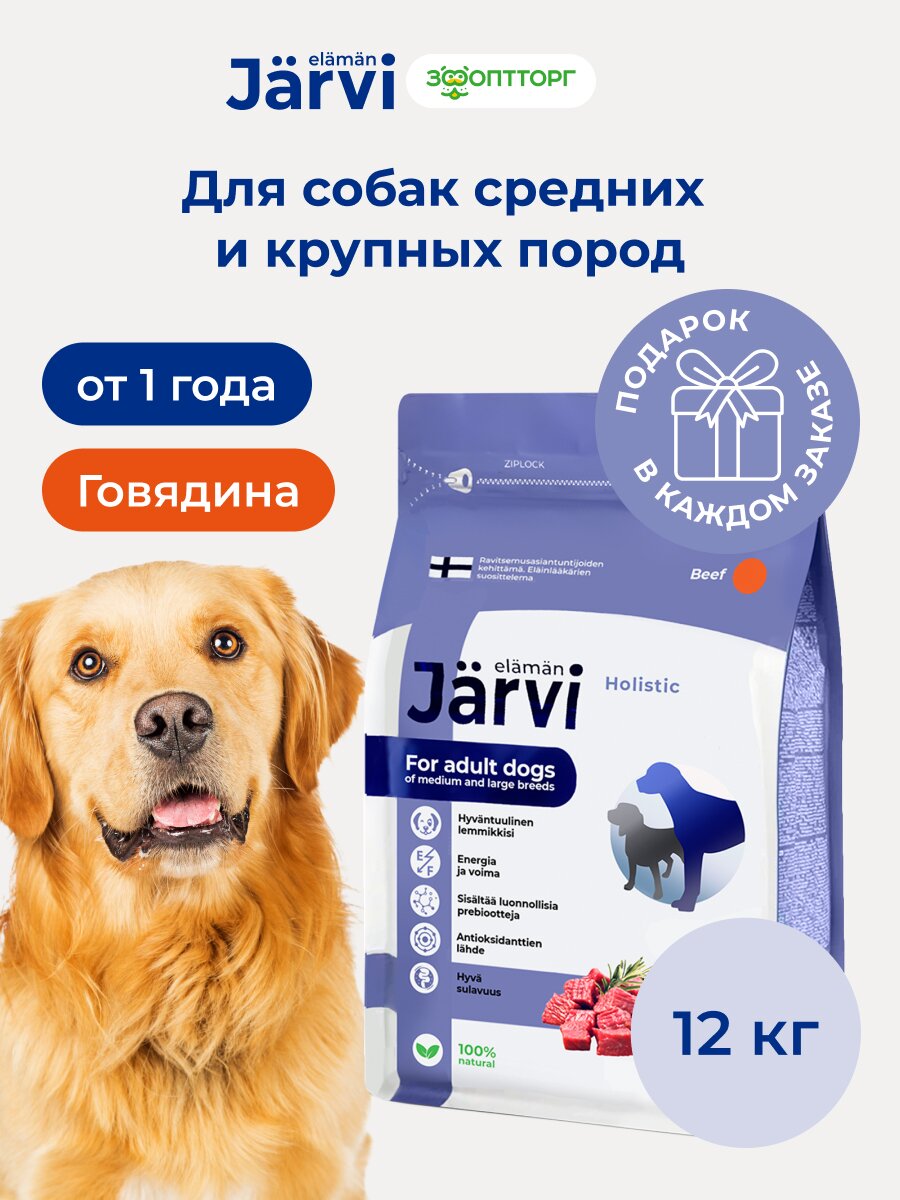 Сухой корм Jarvi полнорационный для взрослых собак средних и крупных пород с говядиной, 12 кг
