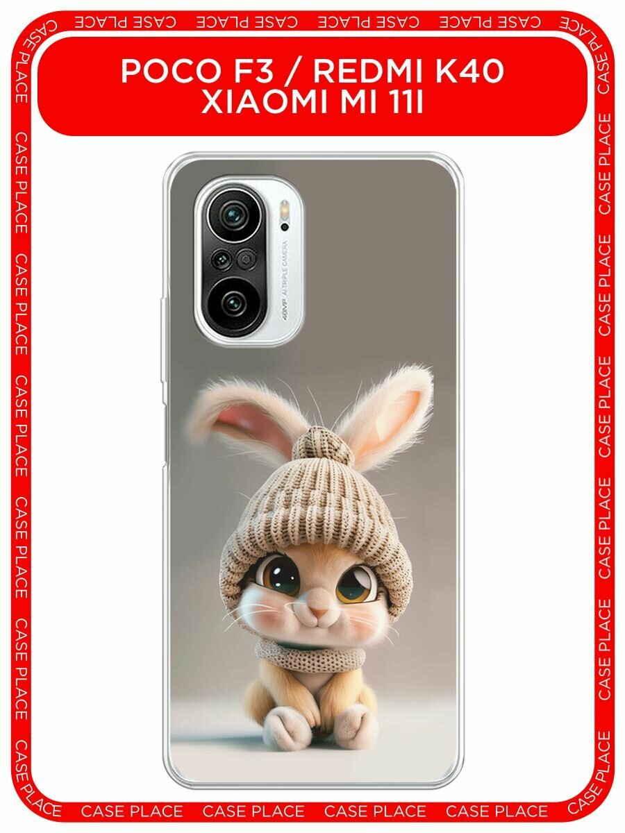 Чехол на Xiaomi Poco F3/Redmi K40/Mi 11i / Поко F3/Редми K40/Ми 11i с принтом "Крольчонок в вязаной шапке"