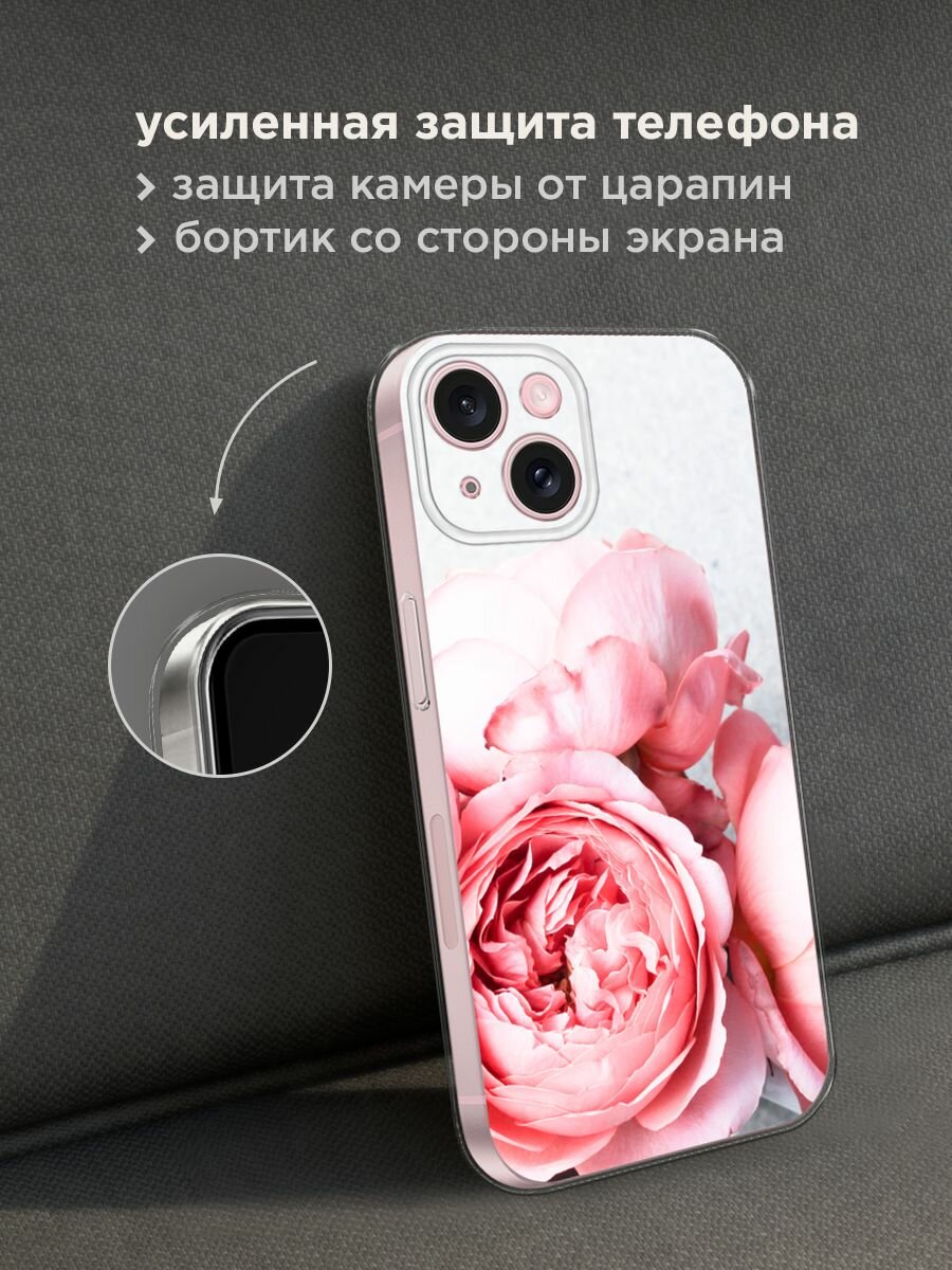 Чехол на Apple iPhone 15 / Айфон 15 с принтом "Пионы на белом" — фото 1