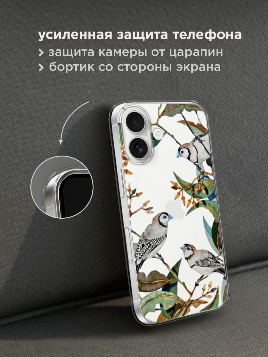 Чехол на Apple iPhone 17 / Айфон 17 с принтом "Птицы в листве", прозрачный — фото 1