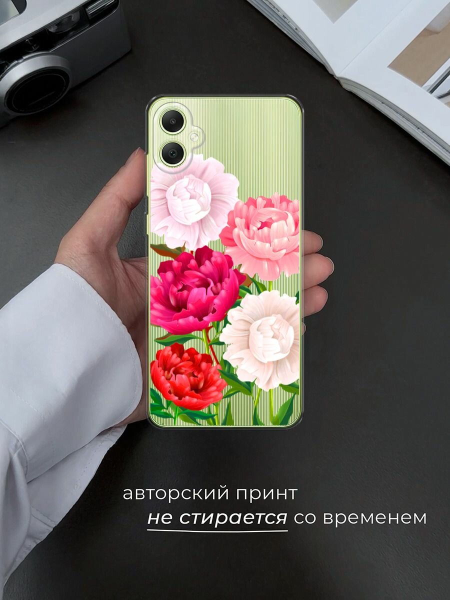 Чехол на Samsung Galaxy A05 / Самсунг Галакси A05 с принтом "Большие пионы", прозрачный — фото 1