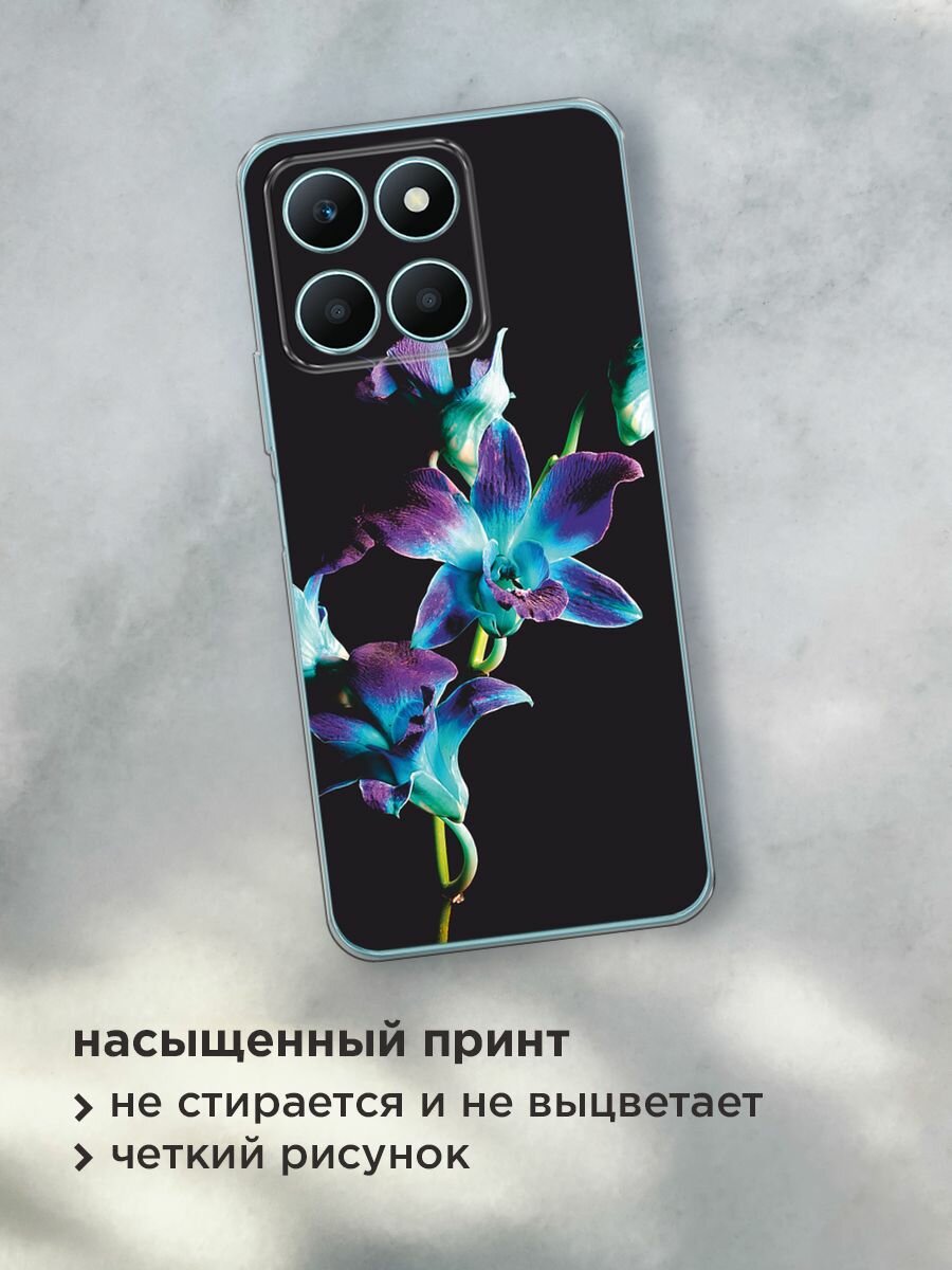Чехол на Honor X6A / Хонор X6A с принтом "Синий цветок на черном" — фото 1