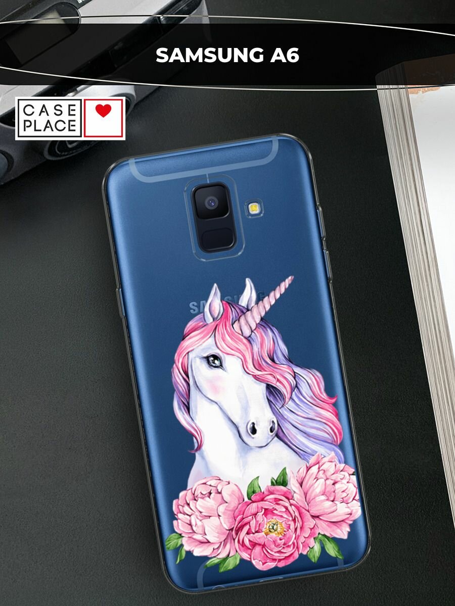Чехол на Samsung Galaxy A6 / Самсунг Галакси А6 с принтом "Единорог с пионами", прозрачный