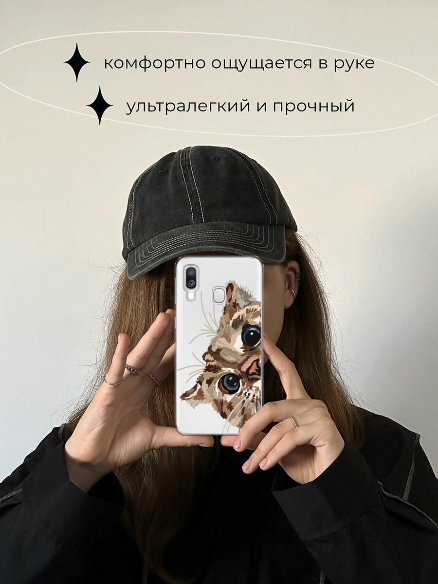 Чехол на Samsung Galaxy A40 / Самсунг Галакси А40 с принтом "Любопытный кот", прозрачный — фото 1