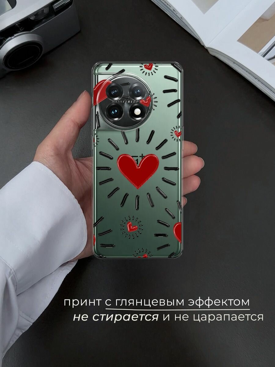 Чехол на OnePlus 11 / Ван Плас 11 с принтом "Бордовые сердца паттерн" — фото 1