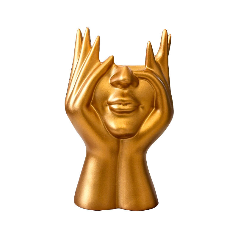 Подставка для ручек в виде золотого лица, держатель для карандашей, абстрактный держатель для ручек, настольный органайзер, статуэтка из смолы в виде рук, держащих лицо, современный декоративный контейнер для хранения для офисного стола и дома 10,5x6
