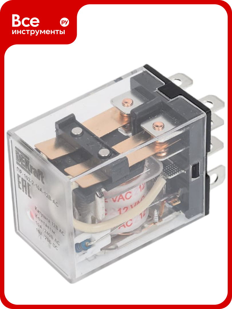Промежуточное, DEKraft, реле DEKraft 2-контактное, с led инд. 10а 12в ac пр-102 23911DEK