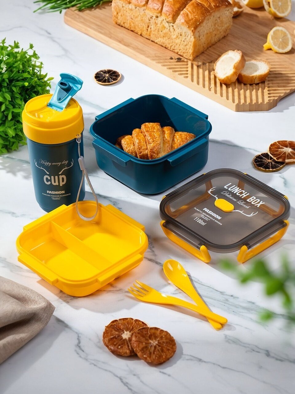 Ланч-бокс пластиковый 1.1 л с бутылкой Y4-8619, синий, герметичный
