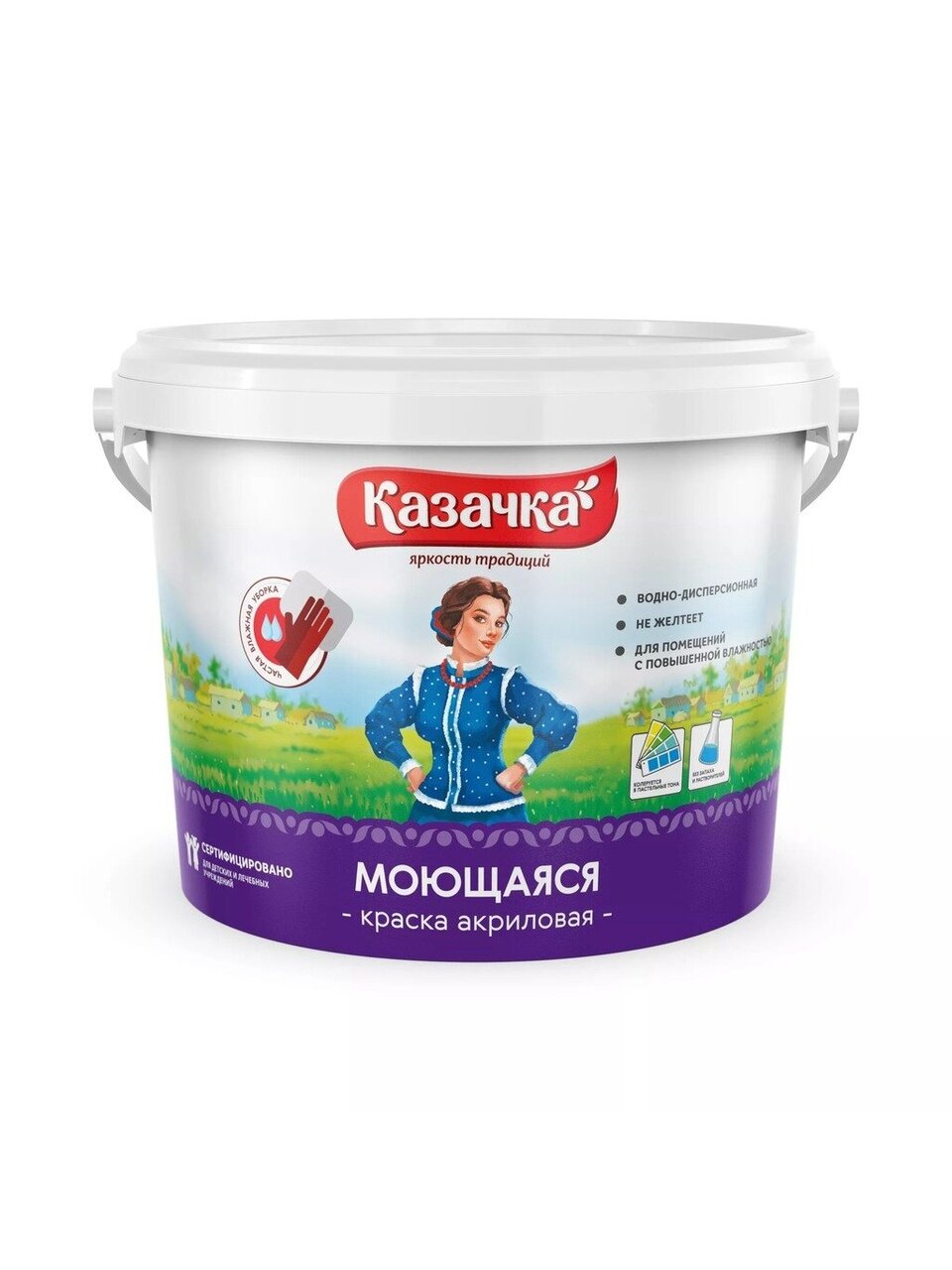 Краска воднодисперсионная, Казачка, W-4, акриловая, универсальная, моющаяся, влагостойкая, матовая, 2.7 кг